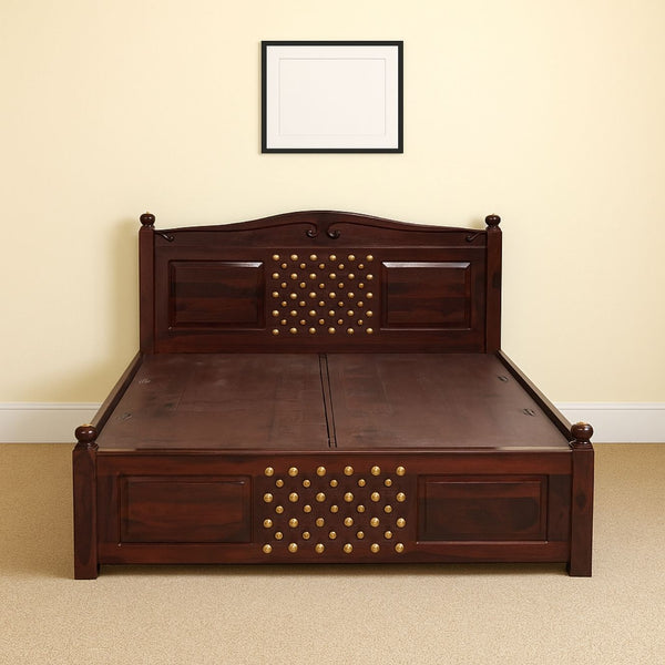 Sheesham Wood Queen Bed - Traditional Brass Detailing Bed - From Shekhawati