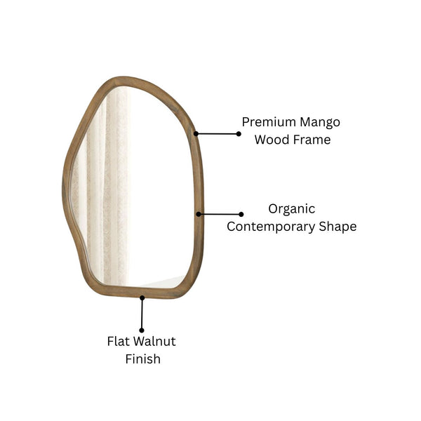 Modern Wooden Organic Shape Wall Mirror — Mango Wood Frame, Flat Walnu