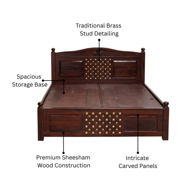 Haveli Sheesham Wood King Bed with Traditional Brass Detailing